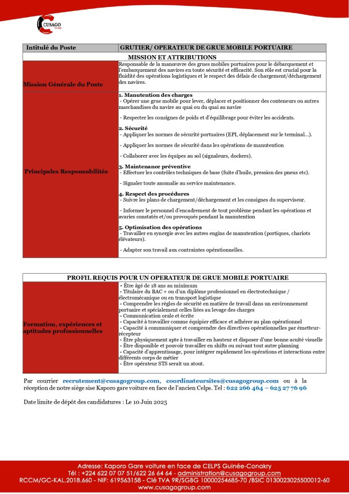 CUSAGO - Avis de recrutement d'un Grutier / Opérateur de Grue Mobile ...