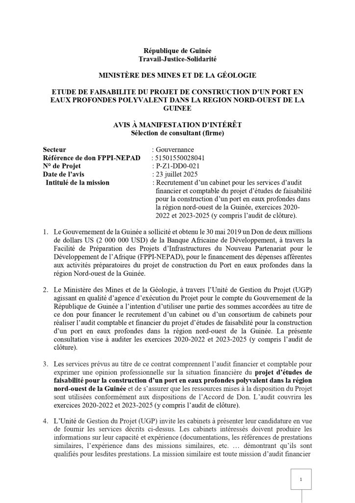 Ministère des Mines et de la Géologie - Avis de recrutement d'un Cabinet pour les services d ...