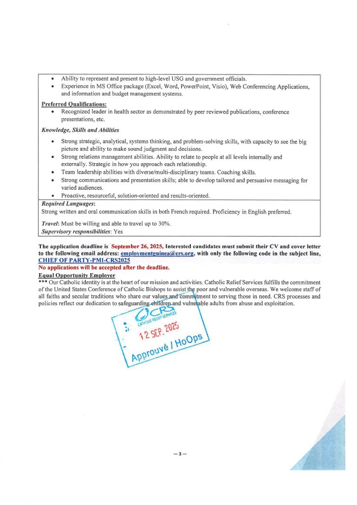 CRS - Avis de recrutement d'un JD de Chief of Party I, PMI REACH ...