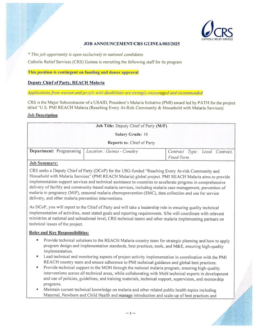 CRS - Avis de recrutement d'un.e JD de Deputy Chief of Party, REACH ...